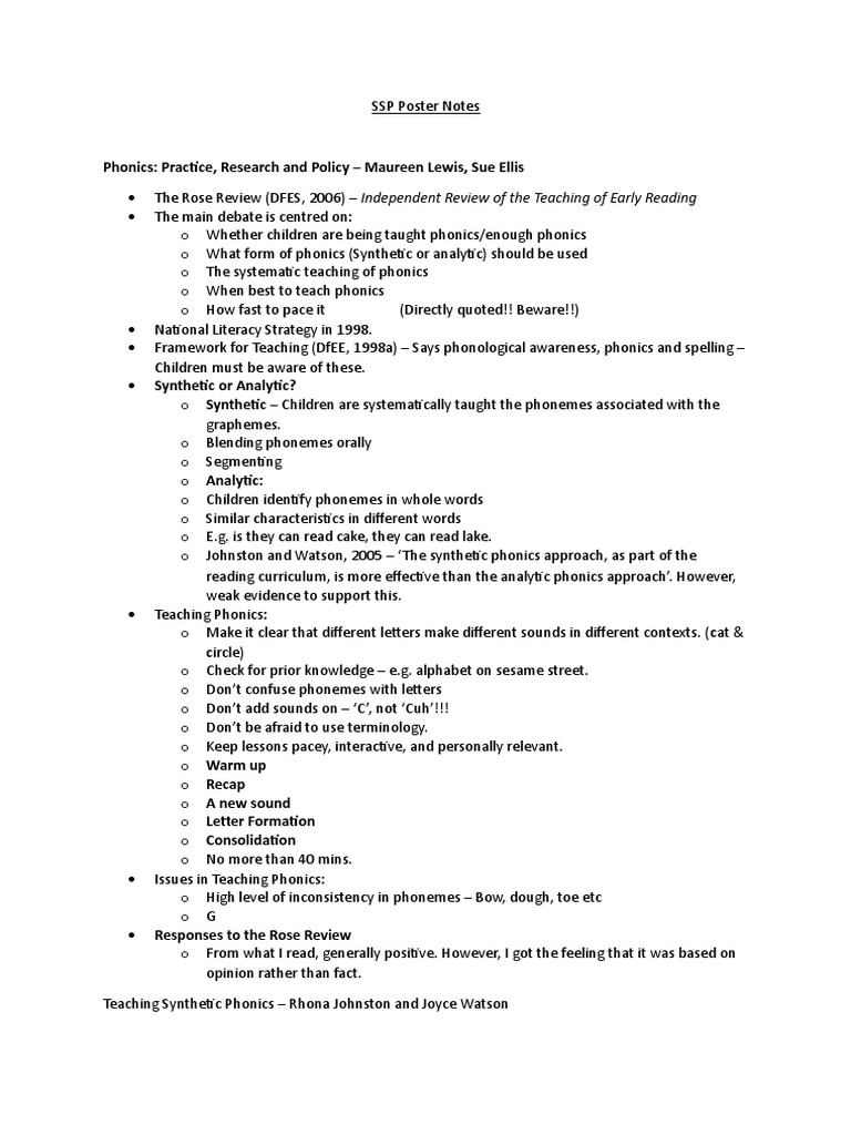 SSP Poster Notes | PDF | Phonics | Learning Methods