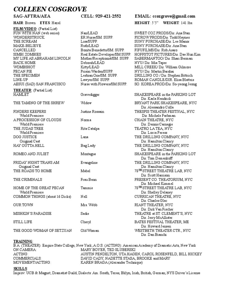 Colleen Cosgrove Resume | PDF | Theatre | Entertainment (General)