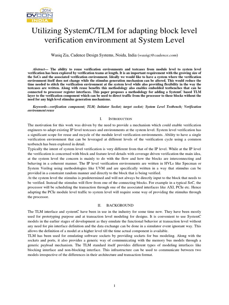 Utilizing Systemc/Tlm For Adapting Block Level Verification Environment at System Level | PDF ...