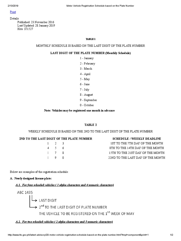 Vehicle Registration Schedule by Plate Number | PDF | Vehicle ...