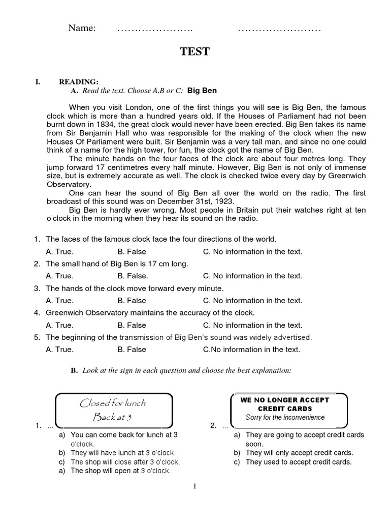Reading and Writing Test | PDF | Leisure