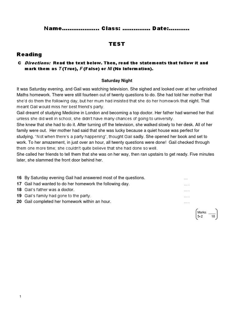 Name .. Class: Date: .. Test Reading: Directions | PDF