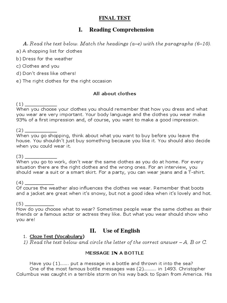 I. Reading Comprehension: A. Read The Text Below. Match The Headings (A ...