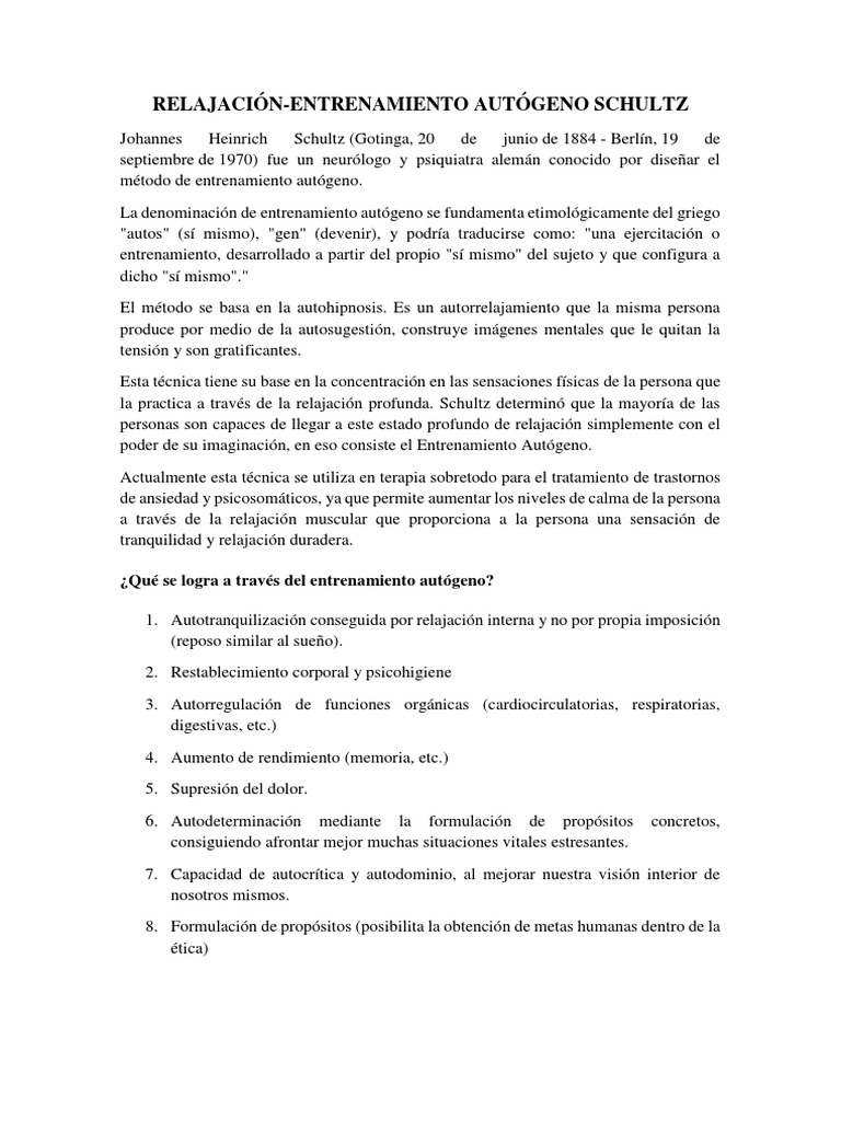 Entrenamiento Autógeno de Schultz | PDF | Tratamiento de salud | Salud ...