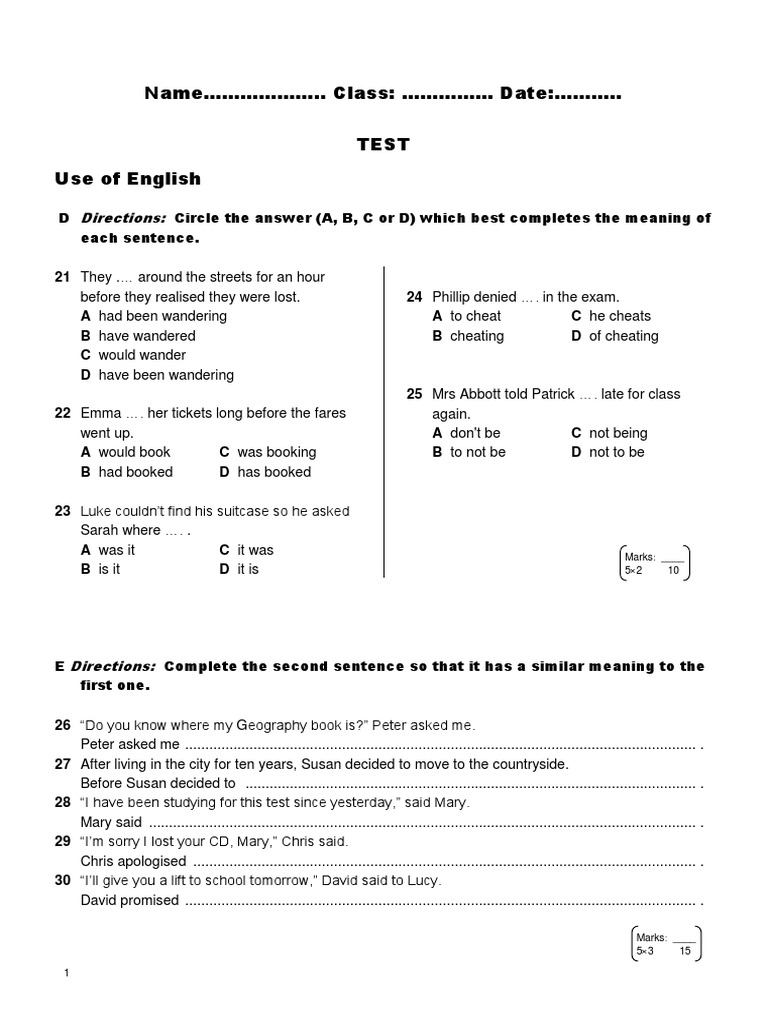 Name .. Class: Date: .. Test Use of English: Directions | PDF