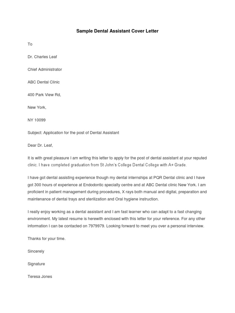 Sample Dental Assistant Cover Letter | PDF