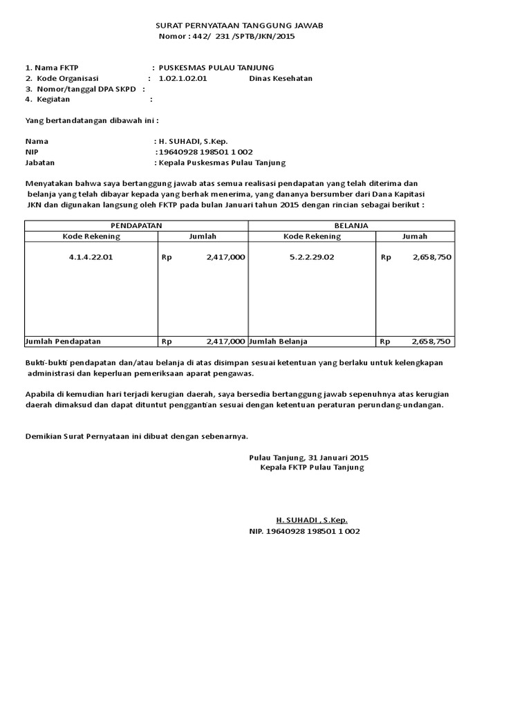 Contoh SPTB JKN | PDF | Pengelolaan Keuangan & Uang