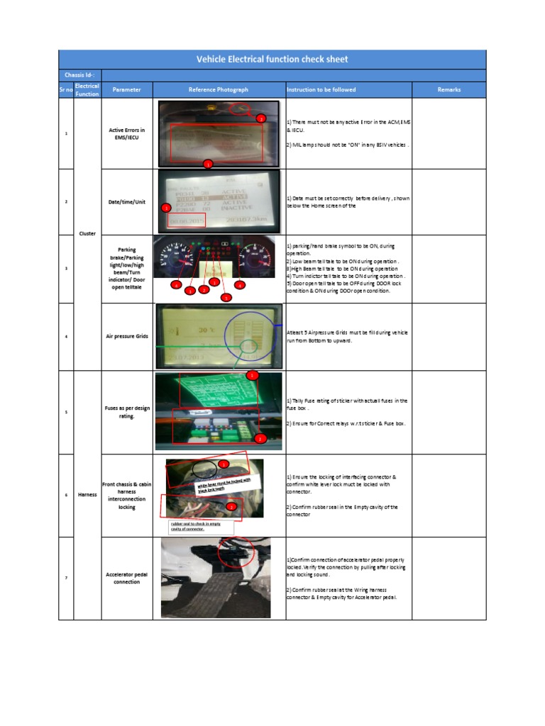 Check Sheet For Vehicle Electrical Function | PDF | Electrical ...
