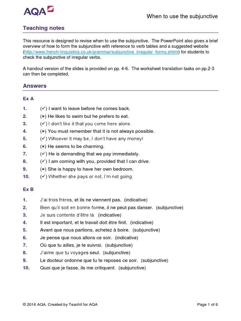 AQA French Subjunctive Teaching Plan A-Level | PDF | Syntactic ...