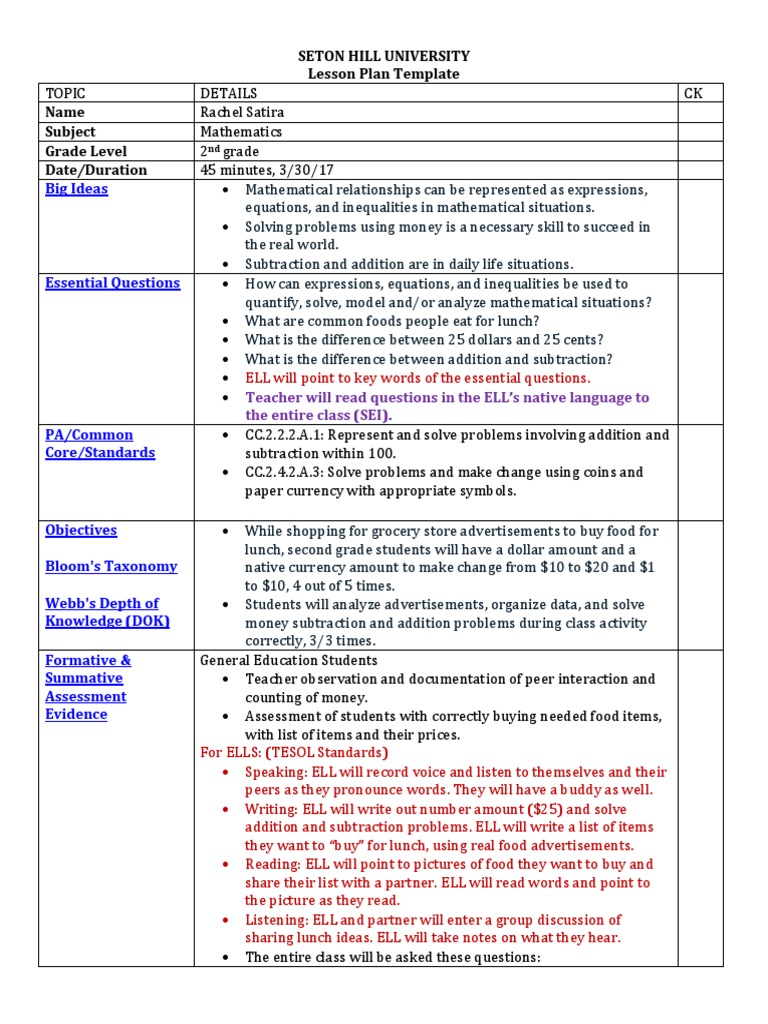 Big Ideas: Seton Hill University Lesson Plan Template Name Subject ...