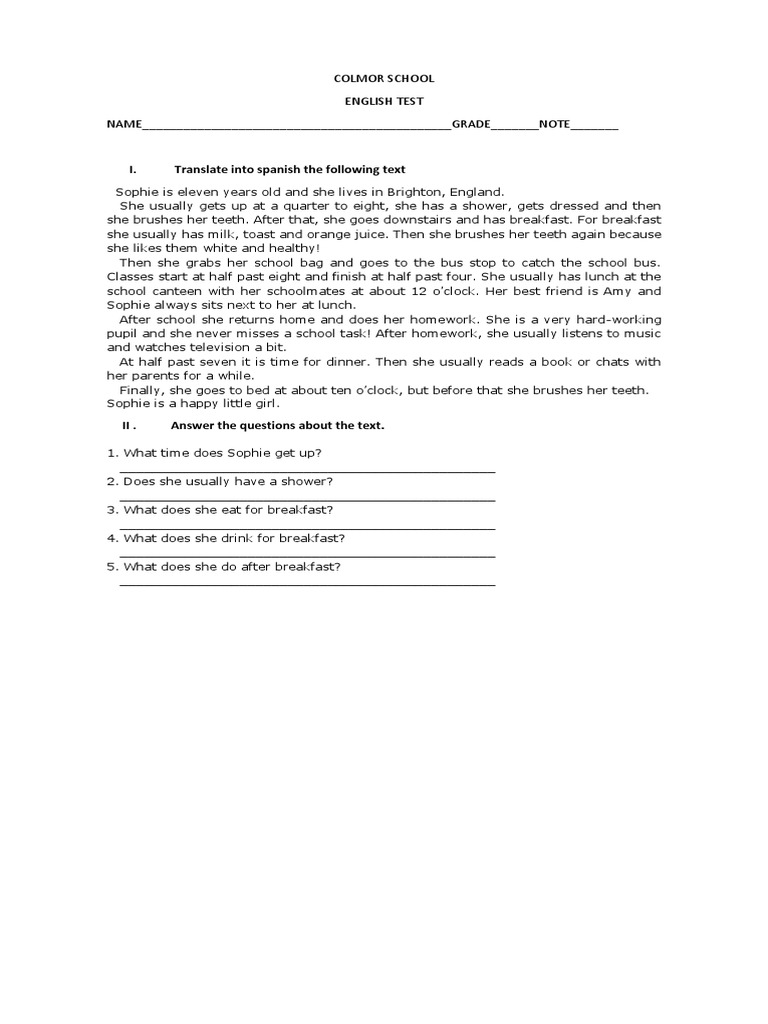 Colmor School Sophie's Daily Routine | PDF