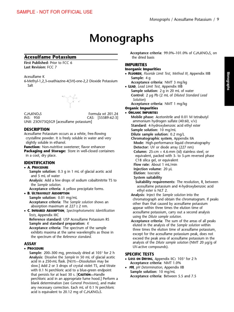 Sample Monograph Food Chemicals Codex | PDF | Potassium | Diet & Nutrition