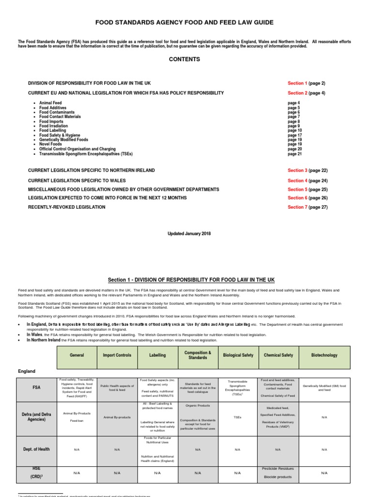 Food Standards Agency Food and Feed Law Guide: Section 1 Section 2 ...
