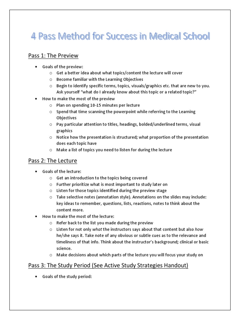 4 Pass Method For Success in Medical School | PDF | Lecture | Attention