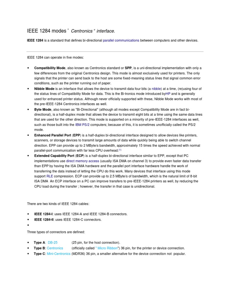 IEEE 1284 modes - Centronics interface and EPP mode | PDF | Computer ...