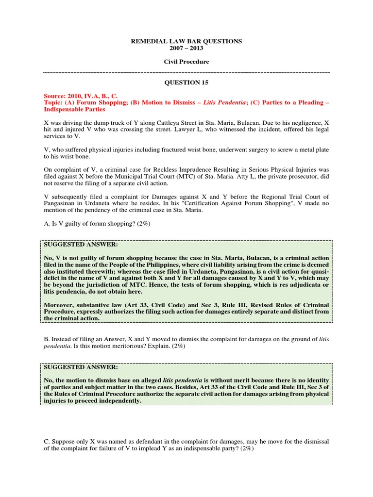 Civil Procedure Bar Question 15 | PDF | Complaint | Government Institutions