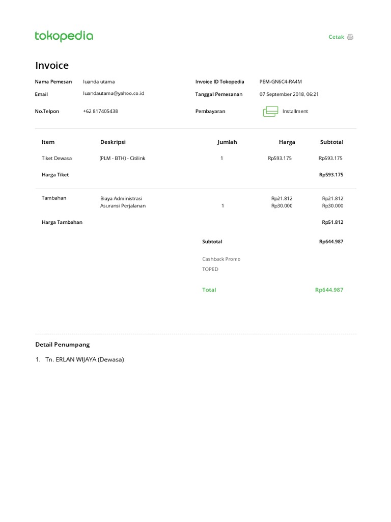Invoice Tiket Pesawat Citilink | PDF
