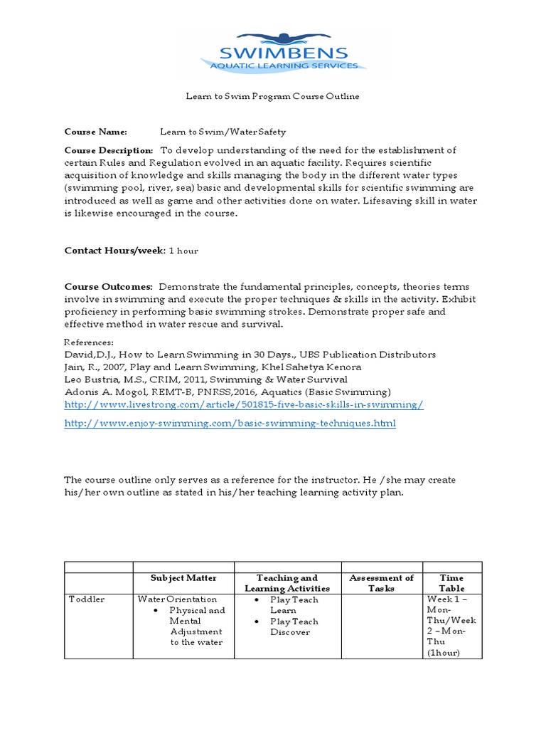 Learn To Swim Program Course Specification-1 | PDF | Swimming | Water ...