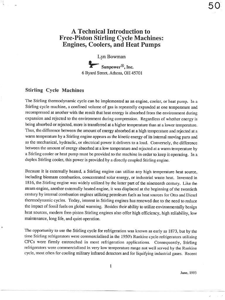 A Technical Introduction To Free Piston Stirling Cycle Machines | PDF