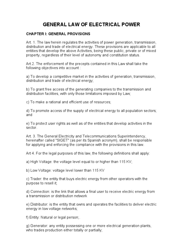 General Law of Electrical Power: Chapter I: General Provisions | PDF ...