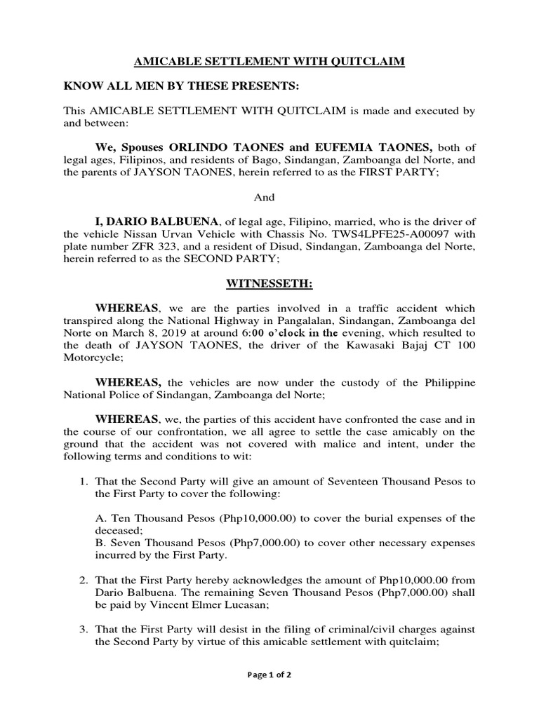 Amicable Settlement With Quitclaim | PDF | Virtue | Government Information