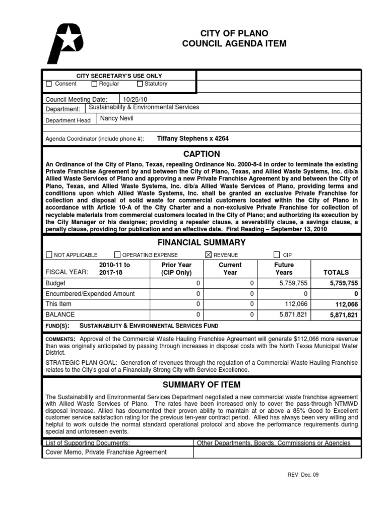 Plano City Council Allied Waste Contract | PDF | Waste Management ...