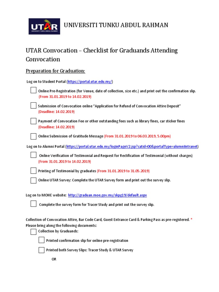 UTAR Convocation Checklist For Graduands Attending Convocation (March ...