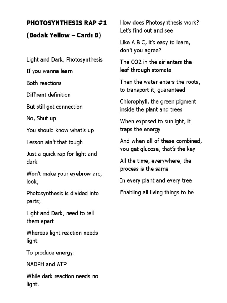 Photosynthesis Rap for Students | PDF | Language Arts & Discipline ...
