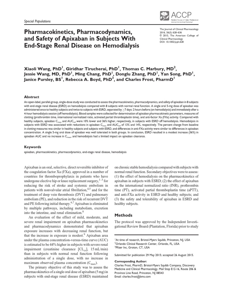Pharmacokinetics, Pharmacodynamics, and Safety of Apixaban in Subjects ...
