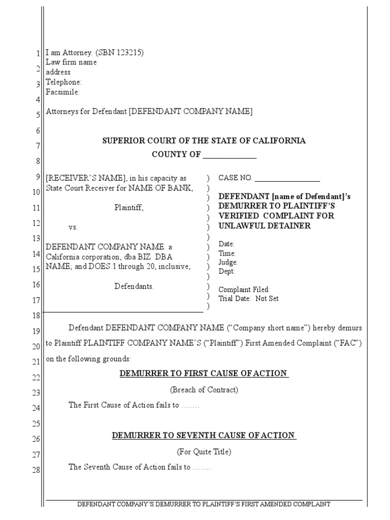 Sample Demurrer To Verified Complaint | PDF | Demurrer | Separation Of ...
