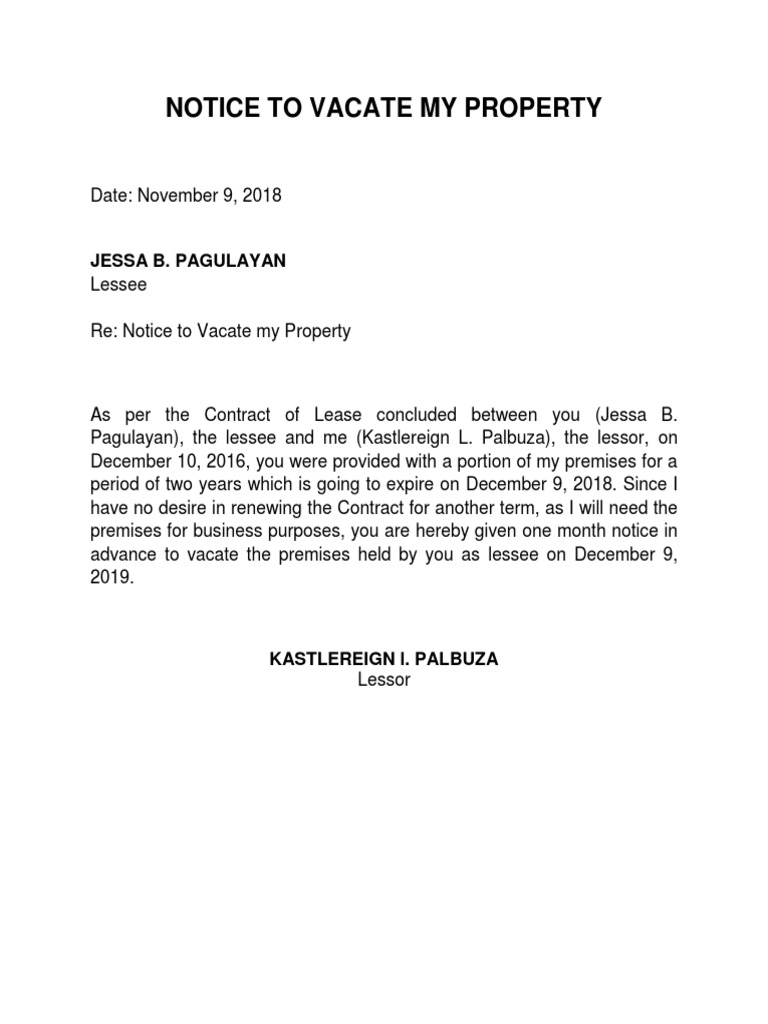 Notice to Vacate Property - Philippines | PDF