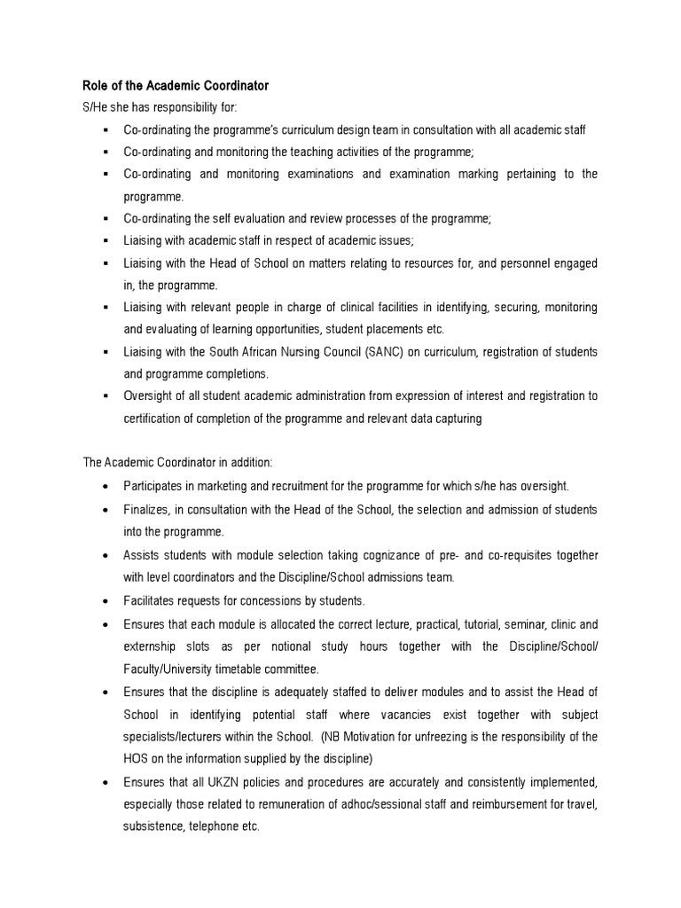 Academic Coordinator Roles and Duties | PDF | Curriculum | Test ...