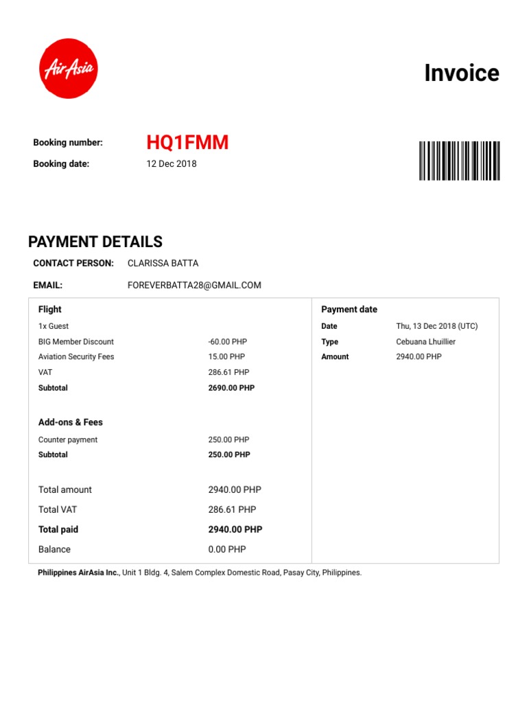 AirAsia Invoice Summary for Booking HQ1FMM | PDF