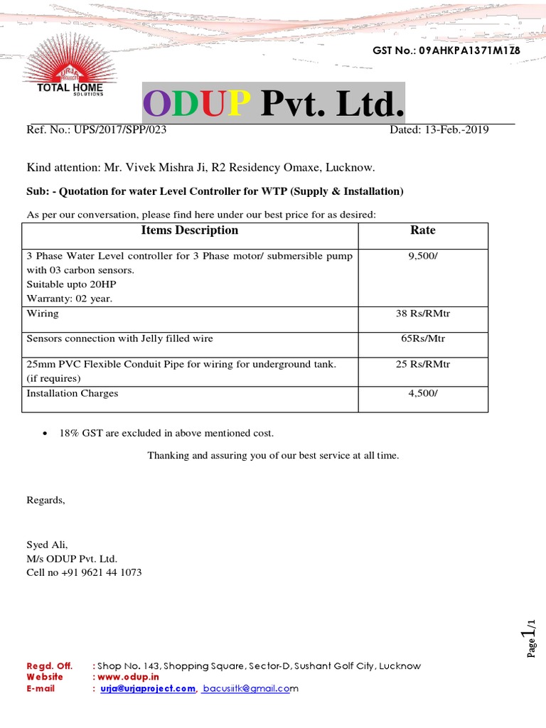Water Level Controller Quotation Rev.01 | PDF