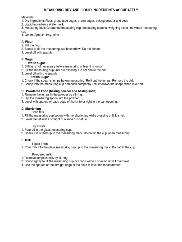 Measuring Dry and Liquid Ingredients Accurately | PDF