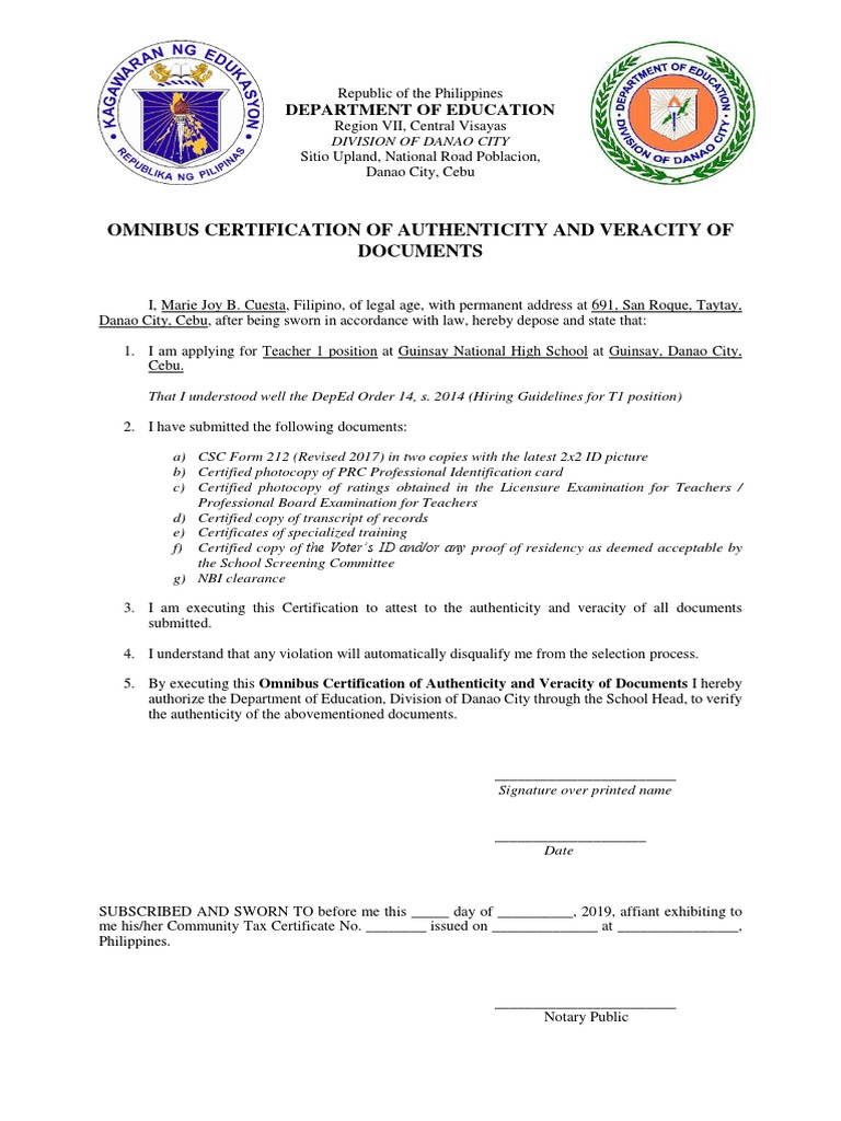 Omnibus Certification of Authenticity and Veracity of Documents for ...