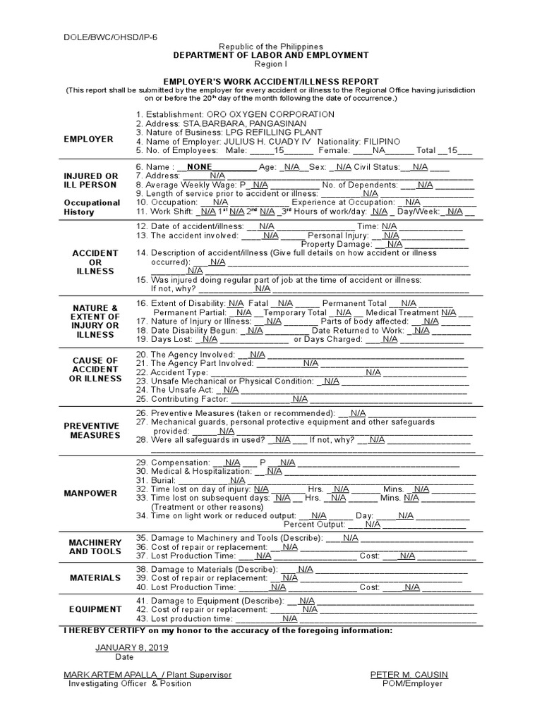 DOLE Employer Accident Report Form | PDF | Employment | Disability