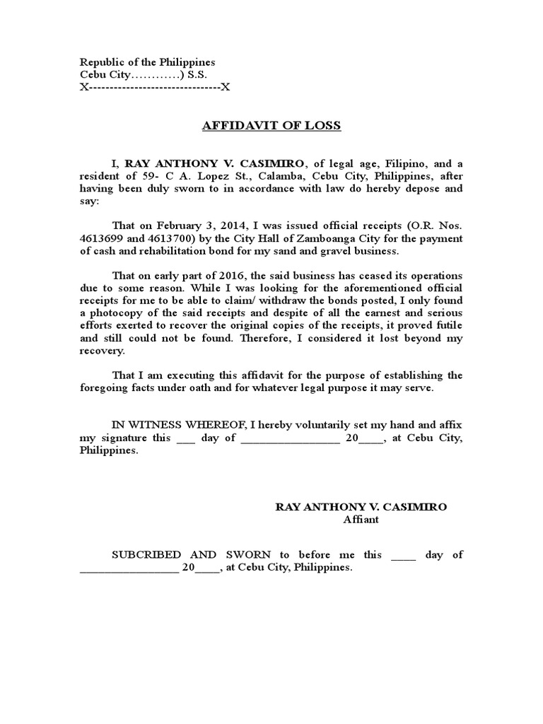Affidavit of Loss | PDF | Affidavit | Civil Law (Common Law)