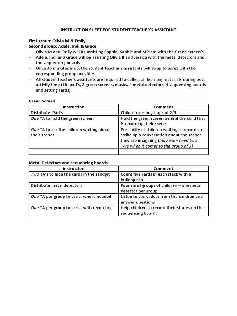 Student Teacher Assistant Instructions | PDF