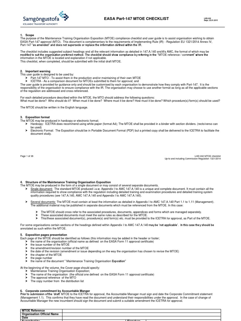 Easa Part-147 Mtoe Checklist: 1. Scope | PDF | Test (Assessment) | Audit