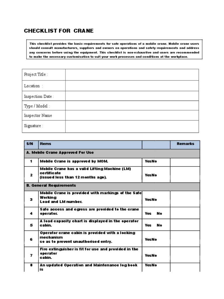 3 Mobile Crane Checklist - Copy | Crane (Machine) | Equipment | Free 30 ...