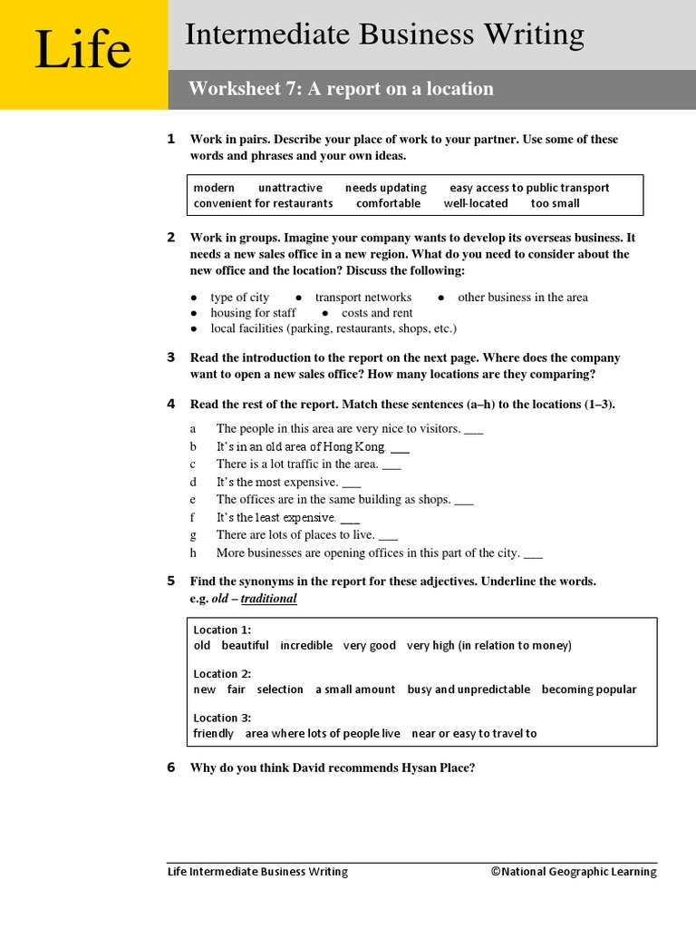 Intermediate Business Writing: Worksheet 7: A Report On A Location ...