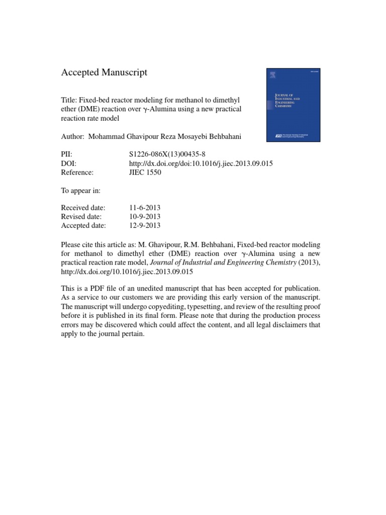 Fixed Bed Reactor Modeling For Methanol To Dimethyl Ether Dme