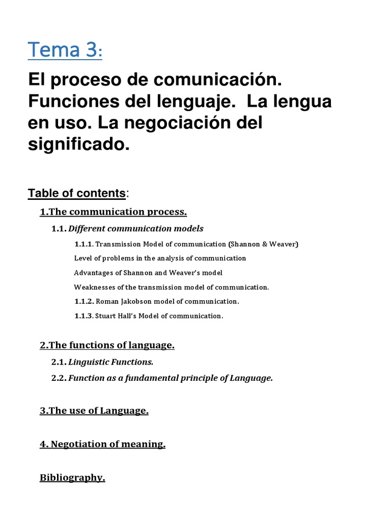 Tema 3 The Communication Process. Language Functions. Language in Use. The Negotiation of ...