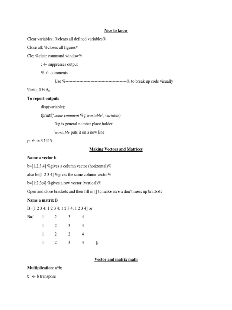 Matlab Basics Pdf Matrix Mathematics Algebra