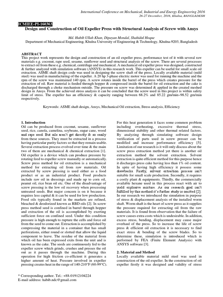Design and Construction of Oil Expeller Press With Structural Analysis ...