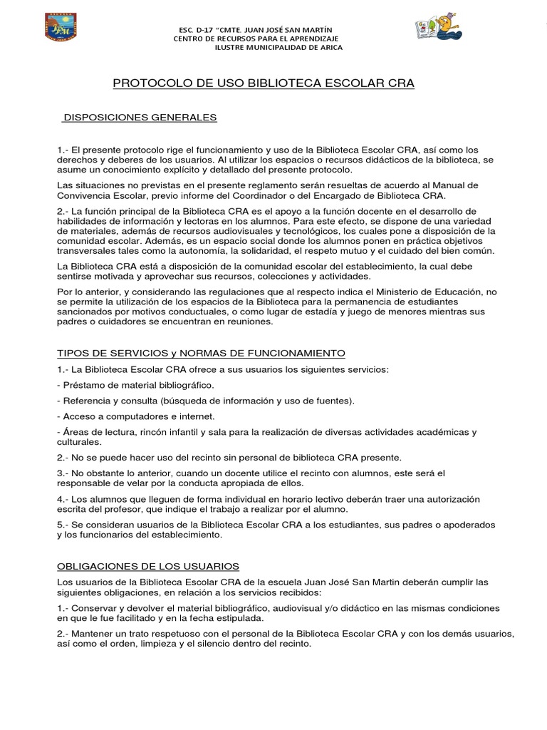 Protocolo de Uso Biblioteca Escolar Cra | PDF | Bibliotecas | Maestros