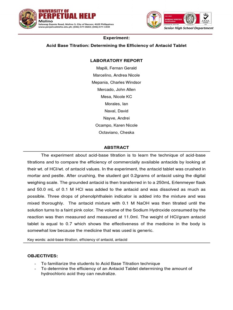 CHEM LAB REPORT - Acid Base Titration | PDF | Hydrochloric Acid | Titration