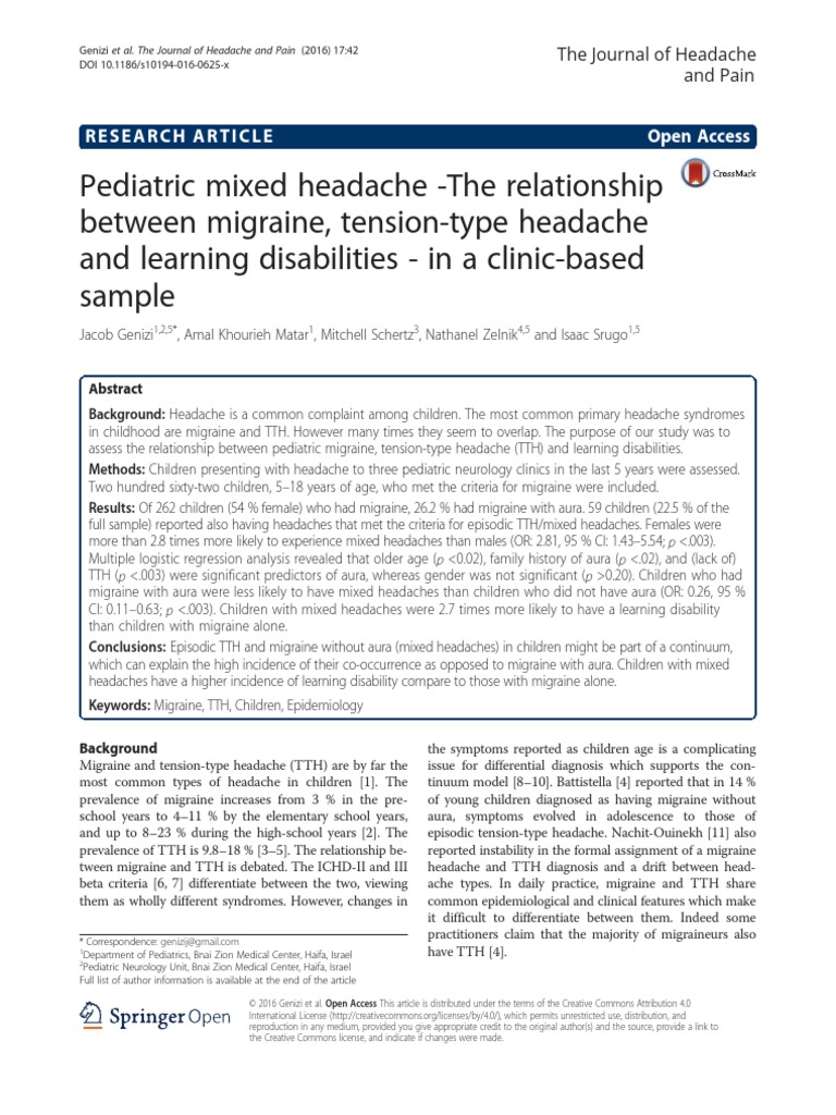 Pediatric Mixed Headache - The Relationship Between Migraine, Tension-Type Headache and Learning ...