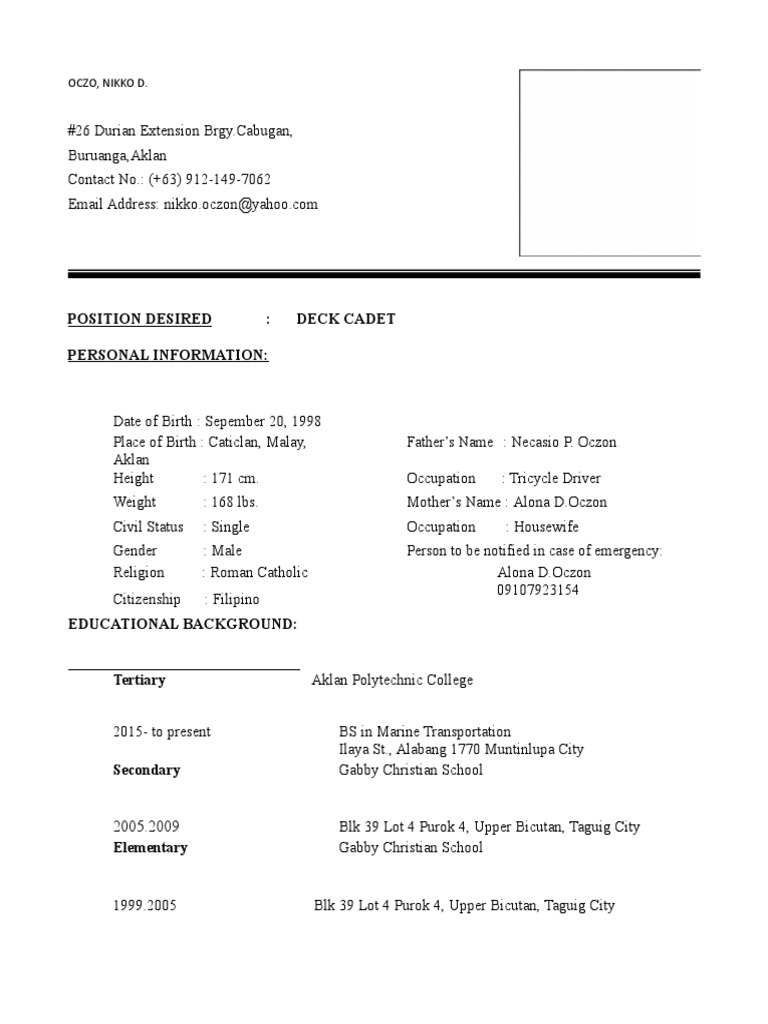 Resume For Deck Cadet | PDF